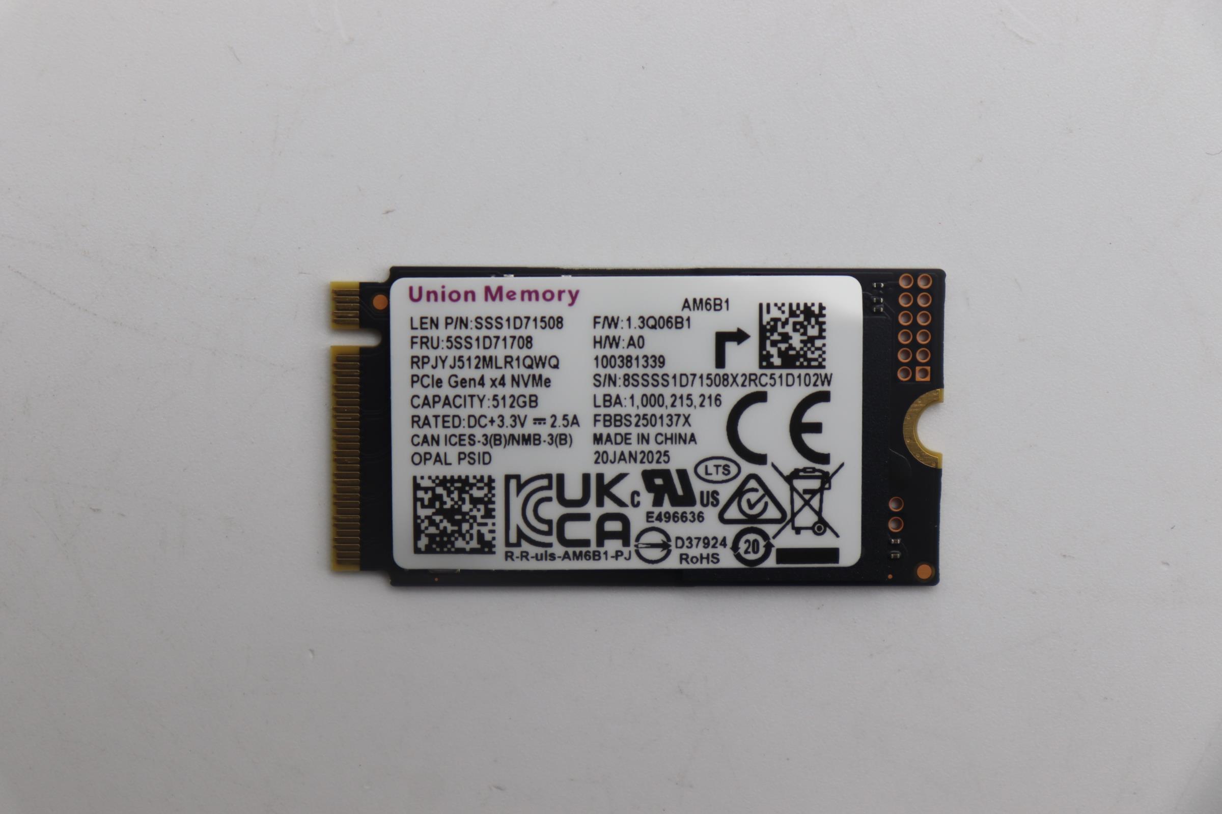 Genuine Lenovo M.2 Card 5SS1D71708 SSD ASM 512G, M.2, 2242,
